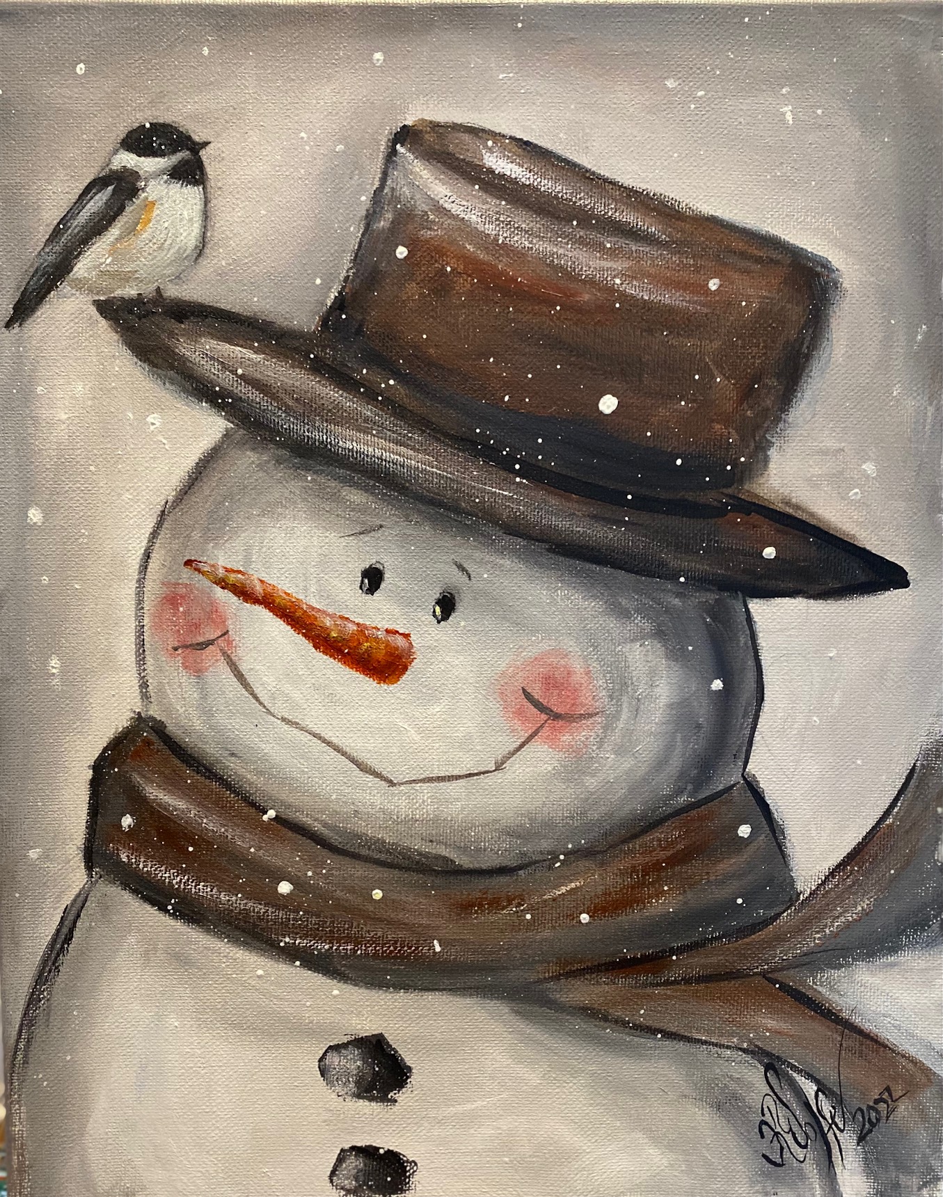 Rustic Snowman and Chickadee – Painting Tutorial – Art by Karen Wolfe